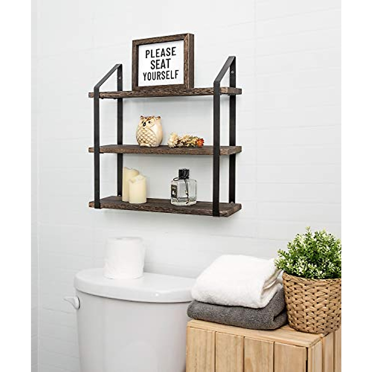Mkono Floating Wall Shelves 3 Tier 17 Inch Rustic Hanging Shelf with Metal Bracket Wall Mount Wood Storage Display Shelves for Living Room Bathroom Bedroom Kitchen Office,Medium