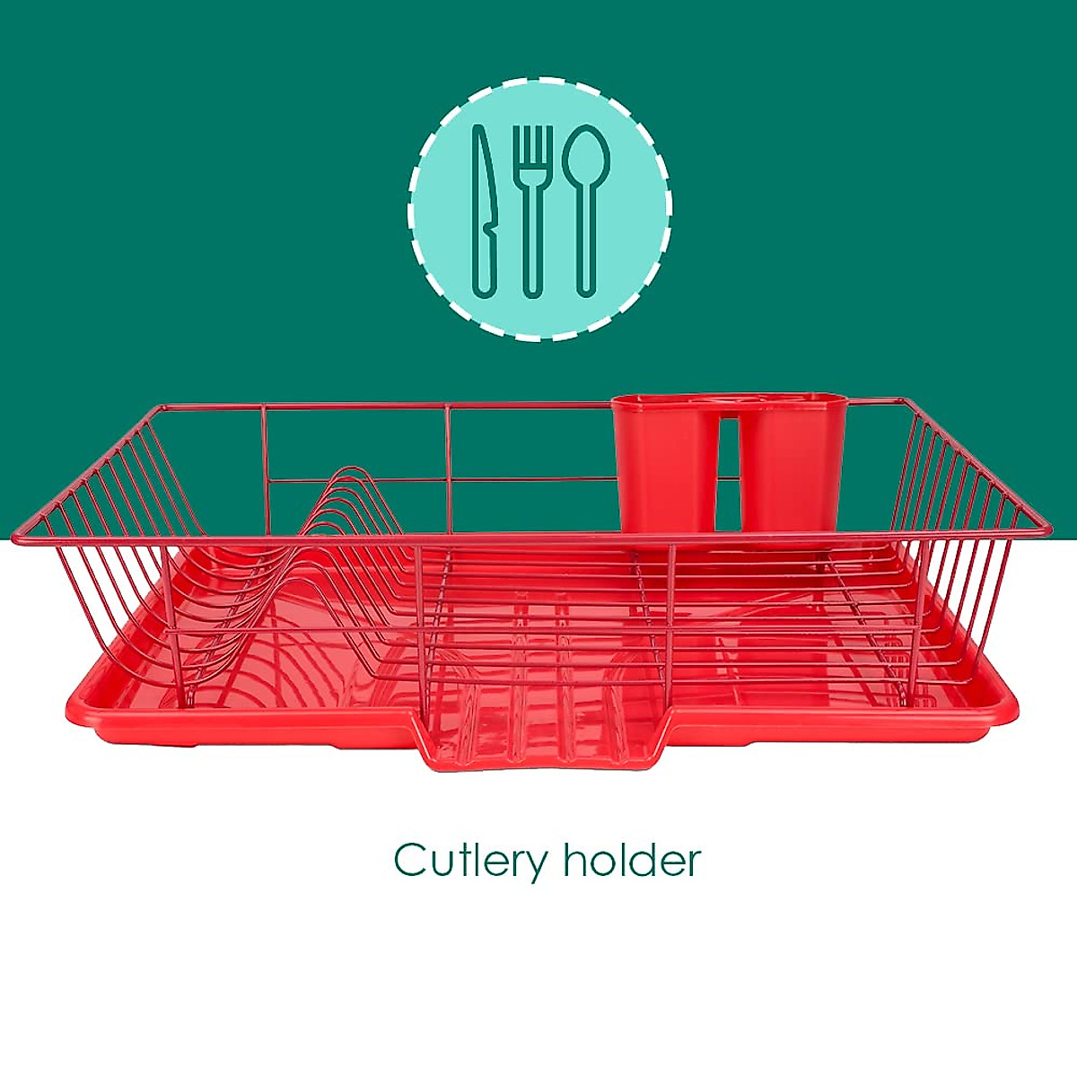 Dish Drying Rack (Red) | By Home Basics | Dish Drainers For Kitchen Counter | With Sloping Tray and Utensil Holder | Big Dish Drying Rack