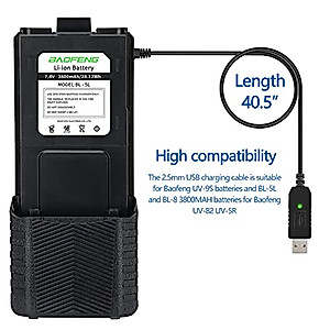 BAOFENG 2Pack BL-5 3800mAh Extended Battery Walkie Talkie UV-5R BF-8HP UV-5RX3 RD-5R UV-5RTP UV-5R MK2 MK3X MK5 Plus Etc (2Pack 3800mAh Battery+ USB Charger Cable)