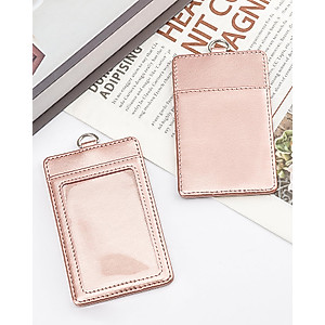 Teskyer Leather ID Badge Holder, Vertical PU Leather ID Badge Holder with 1 Clear ID Window & 1 Credit Card Slot and a Detachable Neck Lanyard (Rose Gold)