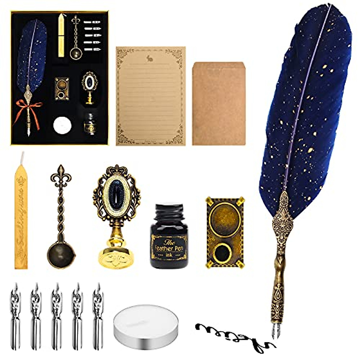 AngleKai Quill Pen and Ink Set, Calligraphy Feather Pen Set with Wax Seal Stamp, Ink, and Wax Seal Sticks, Replacement Nibs, Spoon, Envelope Letter Paper, White Wax, Antique Quills for Gift (Blue)