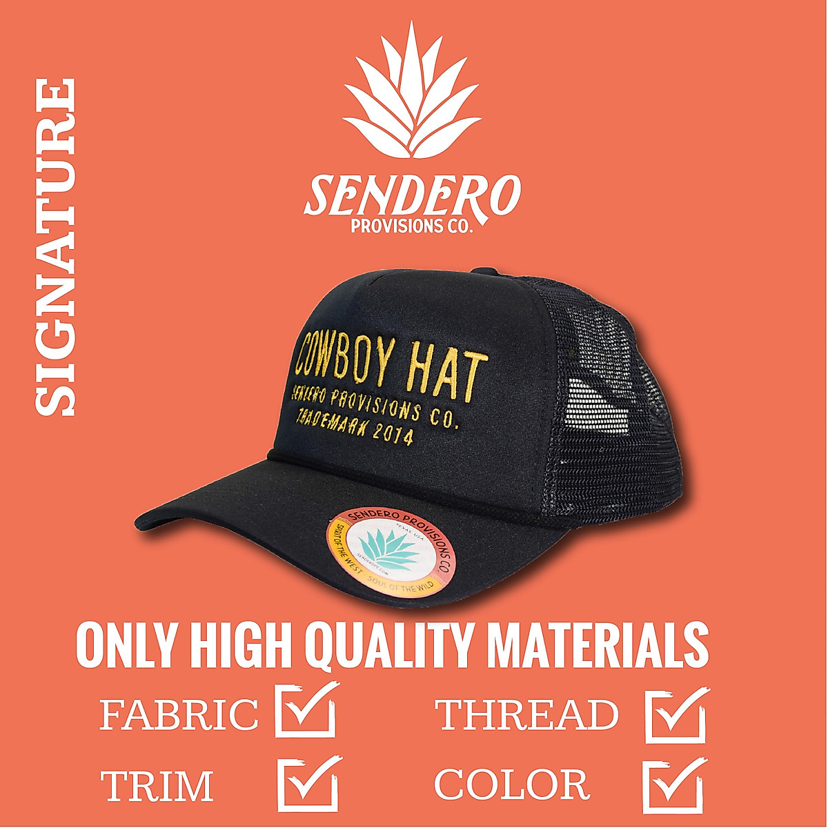 Sendero Provisions Co. Cowboy Hat Embroidered Logo Snapback Trucker Cap One Size (Black/Gold)