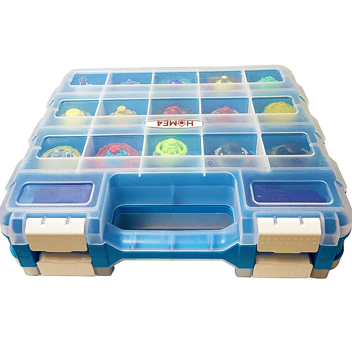 HOME4 Double Sided No BPA Toy Display Storage Container Box - Compatible with Mini Toys, Small Dolls, Tools Beyblade - Heavy Duty Organizer Carrying Case - 34 Adjustable Compartments (Blue)