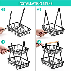 2 Tier Fruit Storage Basket Countertop for Kitchen, Rectangle Fruit Bread Wire Basket Vegetable Fruit Basket Bowl Stand Holder with Wooden Handle(Black)