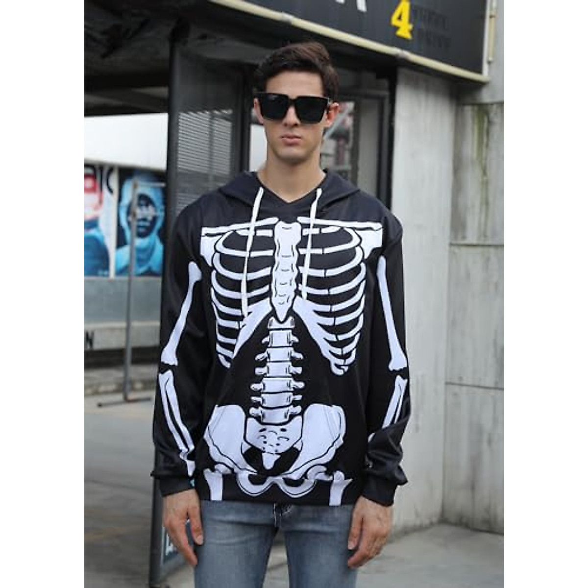 uideazone Halloween Hoodies for Men Women 3D Skeleton Bone Printed Hooded Sweatshirt with Pockets
