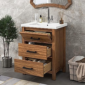 Poeyleja 24'' Bathroom Vanity with Ceramic Basin Sink, Modern Bathroom Storage Cabinet with 3 Drawers, Freestanding Bathroom Vanity Cabinet with Single Sink Natural Wood 24.4 * 18.3 * 33.8