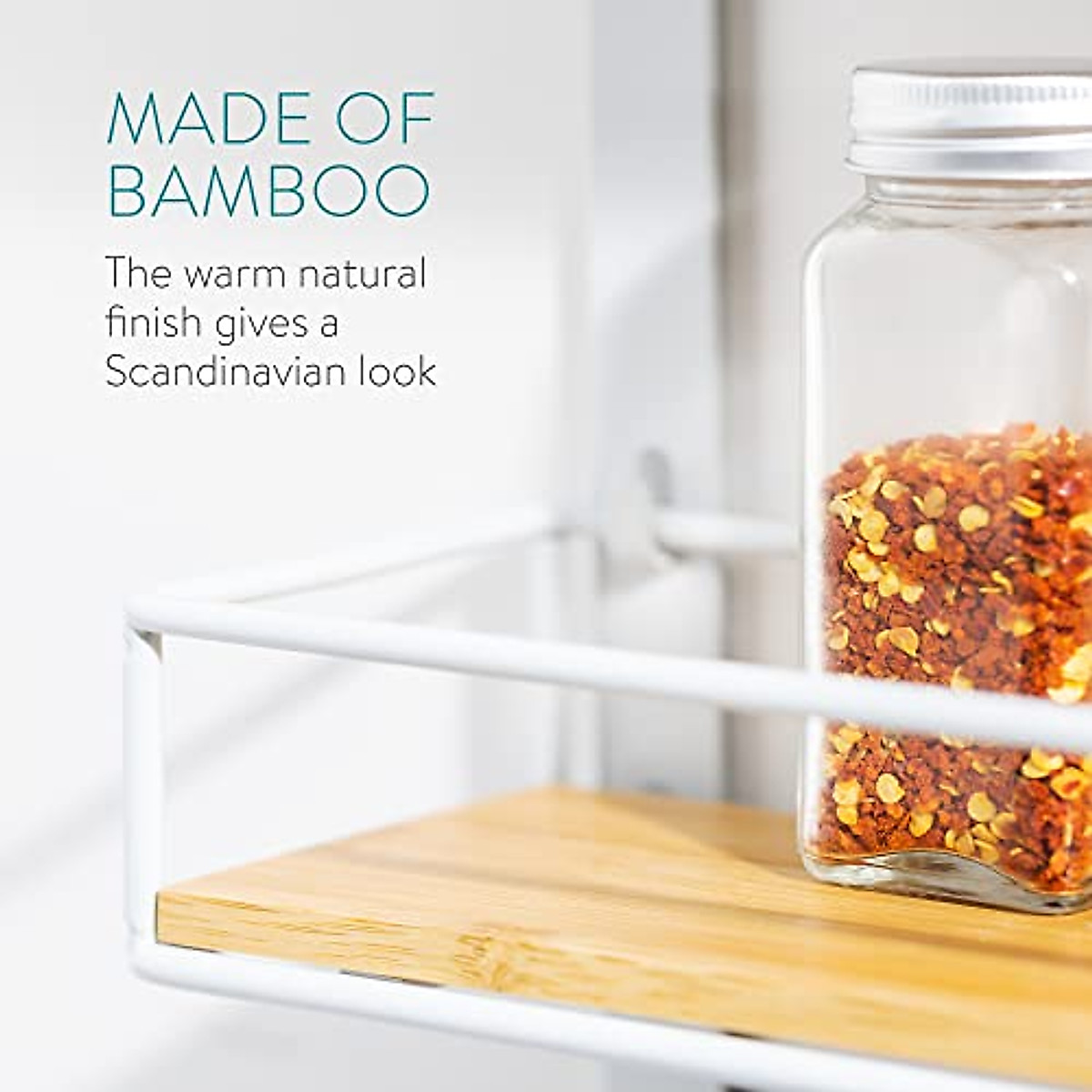 Navaris Over The Door Organizer - Metal and Bamboo Hanging Storage Rack with 2 Shelves and 5 Hooks - Shelf Hanger for Pantry, Bathroom, Closet - White