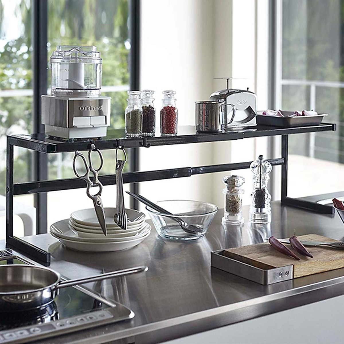 YAMAZAKI home 4481 Expandable Support Rack-Kitchen Storage Shelf Organizer, One Size, Black