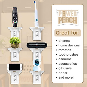 BeraTek Industries Power Perch Wall Outlet Shelf - Convert Your Outlet into Display Shelves - Alexa Speaker Stand, Electric Toothbrush Holder - Light Socket Shelf by Storage Theory - 2 Pack, White