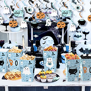 K KUMEED 24 PCS Blue Halloween Popcorn Favor Boxes,Halloween Party Supplies Cute Ghost Popcorn Bowls Popcorn Buckets Popcorn Bags,Boo Theme Candy Cookie Container for Kids