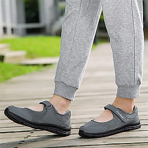 LLTMALL Women's Mesh Mary Jane Sneakers Comfort Flats Casual Walking Shoes Dark Grey 6.5