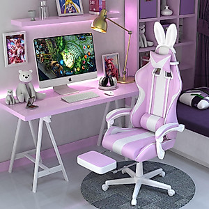 Ferghana Kawaii Light Purple Gaming Chair with Bunny Ears, Ergonomic Cute Gamer Chair with Footrest and Massage, Racing Reclining Leather Computer Game Chair 250lbs for Girls Adults Teens Kids