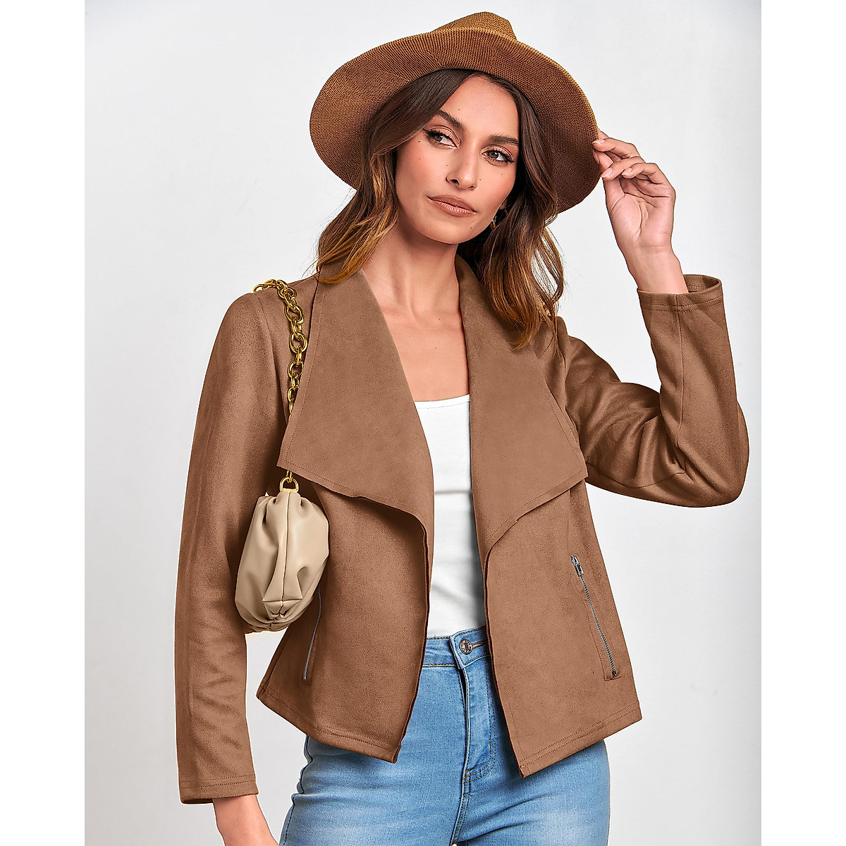 BTFBM Womens Faux Suede Jackets Dressy Spring Summer Clothes 2025 Lapel Long Sleeve Open Front Cropped Outerwear Coats(Solid Camel, Small)