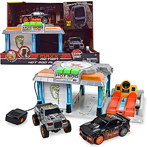 Hot Rod Garage - Lights and Sounds Toy Set for Kids | Working Intercom with Open and Close Parking Garage and Vehicle Lift | Playset Includes Pick Up Truck and Sports Car with Friction Motor