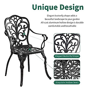 Withniture Bistro Table and Chairs Set of 2 with Umbrella Hole,Cast Aluminum Patio Bistro Sets 3 Piece,Outdoor Bistro Table Set,Patio Furniture Set for Front Porch Set,Garden(Butterfly Black)