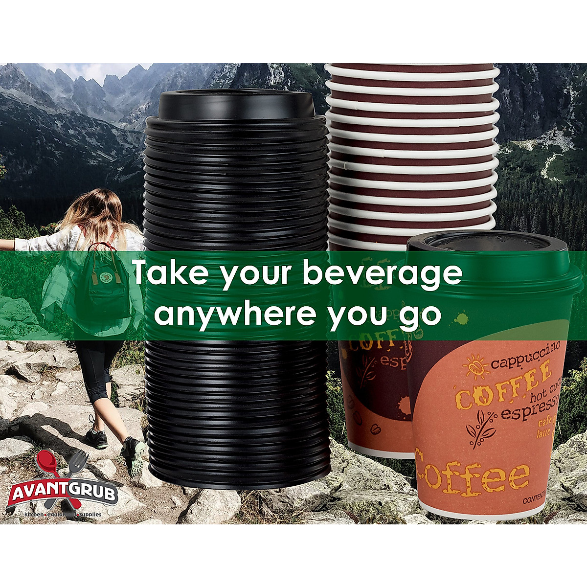 Avant Grub 100 Pack 12 Oz Restaurant Grade Paper Coffee Drinking Cup With Recyclable Dome Lids. Durable, BPA Free Disposable Designer Cups For Hot Drinks At Kiosks, Shops, Cafes