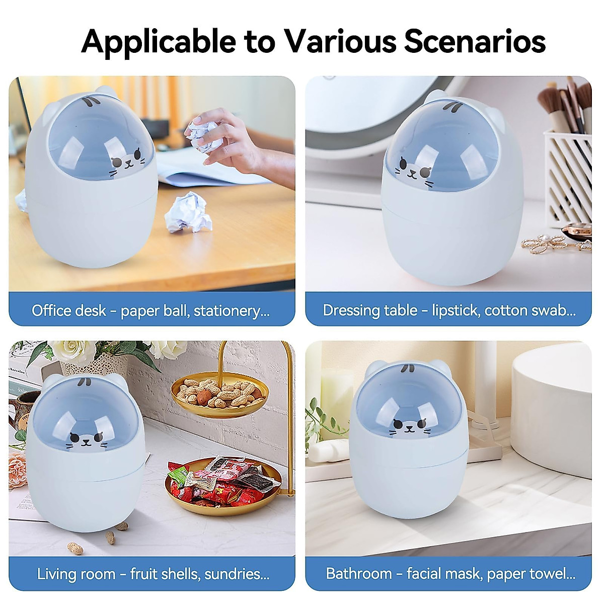 Cute Mini Desktop Trash Can, Cartoon Cat Animal Shape Waste Paper Bin with Swing Lid Mini Countertop Trash Can Small Garbage Can(Blue)