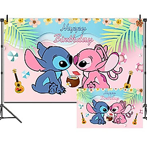 Stitch and Angel Happy Birthday Backdrop for Birthday Party Decorations Summer Tropical Hawaiian Beach Party Decorations Supplies Banner 5x3ft