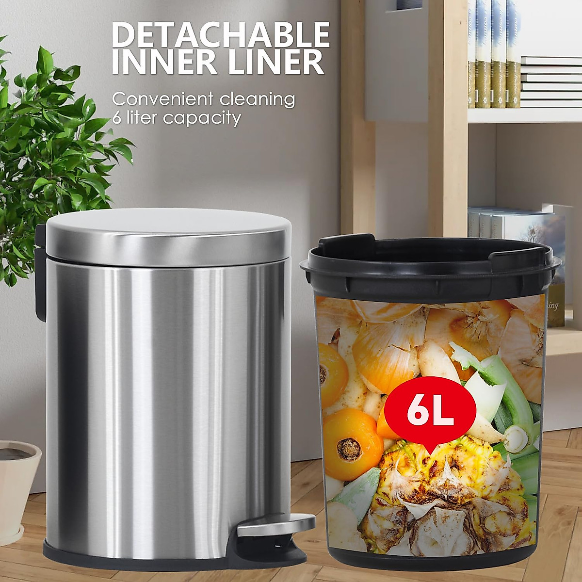 FDW 1 Sets of Trash Cans Mini Trash Can Stainless Steel Trash Bin with 6L/1.6Gallon Foot Pedal Modern Design for Bathroom,Bedroom,Office or Resturant (2)