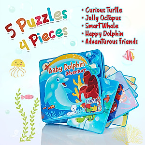 J&J Baby Toddler Puzzles - 5x4-Pieces Dolphin Adventure Soft Jigsaw Puzzles for Toddlers - Set of 5 Educational Learning Puzzles Book for Kids 2-3 Years Old