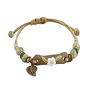 ink2055 Fashion Women Flower Leaf Porcelain Charm Woven Bracelet Adjustable Jewelry Gift,Bracelets for Women Teen Girls Gift - Khaki