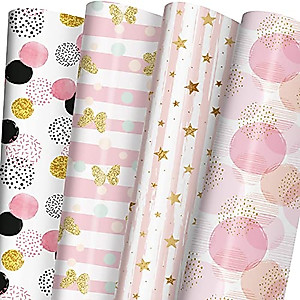 WAPLIGHAL Pink Birthday Wrapping Paper for Boys Girls Kids Men Women - Poka dots, Star, Gold Glittering Butterflies Design - Valentine's Day Birthdays, Holidays, Baby Showers Gift Wrap - 20 X 29 Inch Per Sheet (8 Precut Folded Sheets), Easy to Store
