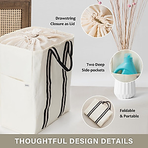 Laundry Basket, Foldable Dirty Clothes Hamper, Thick Canvas Laundry Bag with Handles/Drawstring/Side-Pockets, Tall Laundry Baskets Hampers for Bedroom, Dorm, Travel, 55L (Beige)