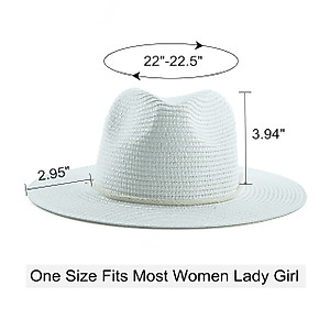 Koreshion Women Straw Panama Hat Summer Wide Brim Fedora Cap Beach Sun Hats UV UPF50+ White