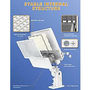 200W LED Parking-Lot-Light Arm & Slip Fitter, UL & DLC Listed 28000LM 5000K Parking Lot Light with Photocell, IP65 Commercial Street Pole Lights AC100-277V for Driveways, Roadway Lighting (White)