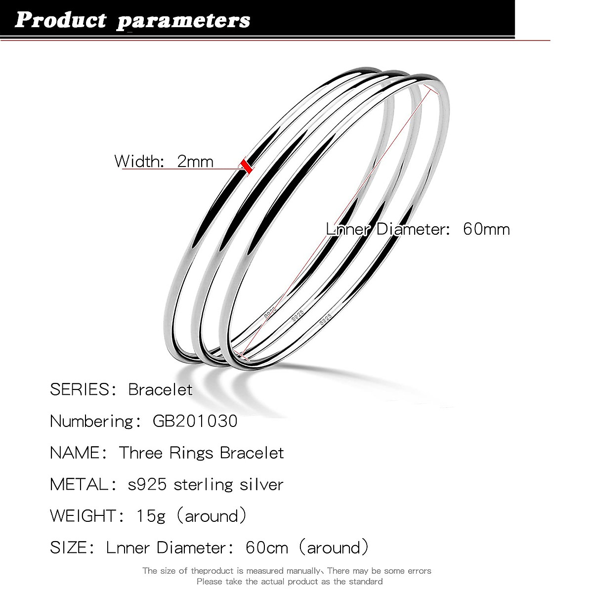 H&Beautimer 925 Sterling Silver Bracelet for Women's Italian Handmade Solid Bangle 2/3/4/5/6/7 Set Rose Gold Fine Jewelry With Gift Box (Silver 3set, 60MM)