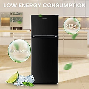 Upstreman 4.0 Cu.Ft Compact Refrigerator with Freezer, Double Door Mini Fridge, Large Capacity Mini Fridge, Adjustable Thermostat, Mini Refrigerator for Dorm, Office, Bedroom, Black-BR401