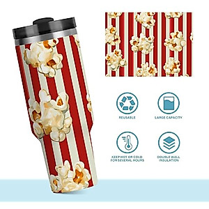 Selerdon 40 oz Tumbler Popcorn Red Striped with Handle and Straw Lid Vacuum Stainless Steel Insulated Water Bottle Travel Mug Car Cup Holder Friendly BPA Free for Gym Travel Office