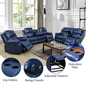 Dekmxas 2 Seater Recliner Loveseat, Bonded Leather Couch Living Room Furniture, Manual Reclining Loveseat Couch with Cup Holders and Storage Console for Home/Rv Car(Bonded Leather Blue, Loveseat)