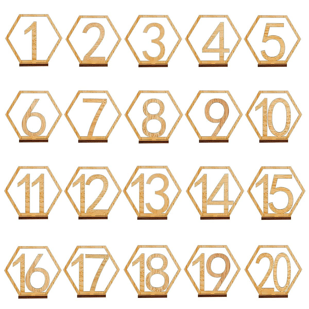 BravOne Wooden Table Numbers, Hexagon Shape 1-20 Wedding Table Numbers with Holder Base Rustic Hollow Out Wood Table Numbers Card for Wedding Party Event Catering Decoration (Hexagon)