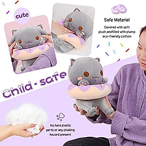 AIXINI 10inch Cute Cat Plush with Donut Stuffed Squishy Animal, Super Soft Kawaii Kitten Plushies for Kids (Grey,A)