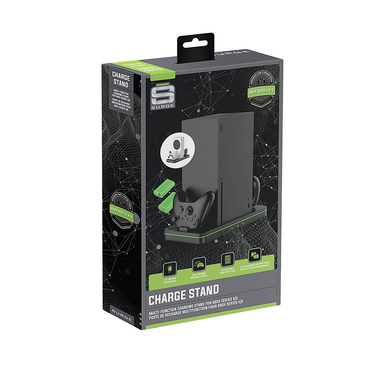 Xbox Multi-Function Console Stand - Surge Charge Stand Compatible with Xbox Series X & S Consoles, Dual Controller Charge Bays, Rechargeable Batteries, Cooling Fan, LED Lighting