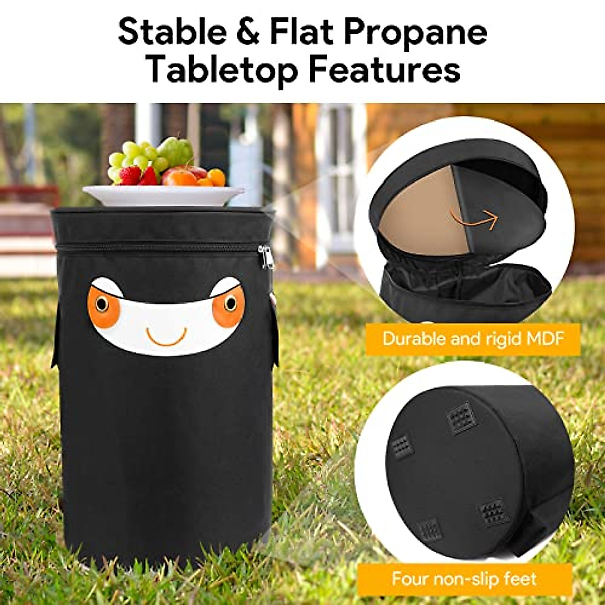 TEREFIX Propane Tank Cover with Stable Tabletop Feature, Fits 15lb / 4 Gallon Tank Cylinder, RV/Camper Propane Tank Cover with Storage Pocket & 2 Flip Flaps, Waterproof and UV-Resistant