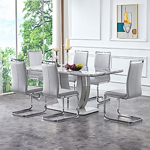 hohoedc 63" Morden Faux Marble Dining Room Table Set,Big Kitchen Dining Table for 6-8 with MDF Base,7 Piece Rectangle Dining Table Set &6 Pu Leather Upholstered Chairs Ideal