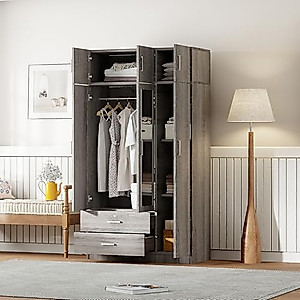 LOUHME Modern 3-Door Wardrobe with Full-Length Mirror – Features 2 Drawers, Top Cabinet, Shelving, and Hanging Rod for Bedroom Storage, Gray