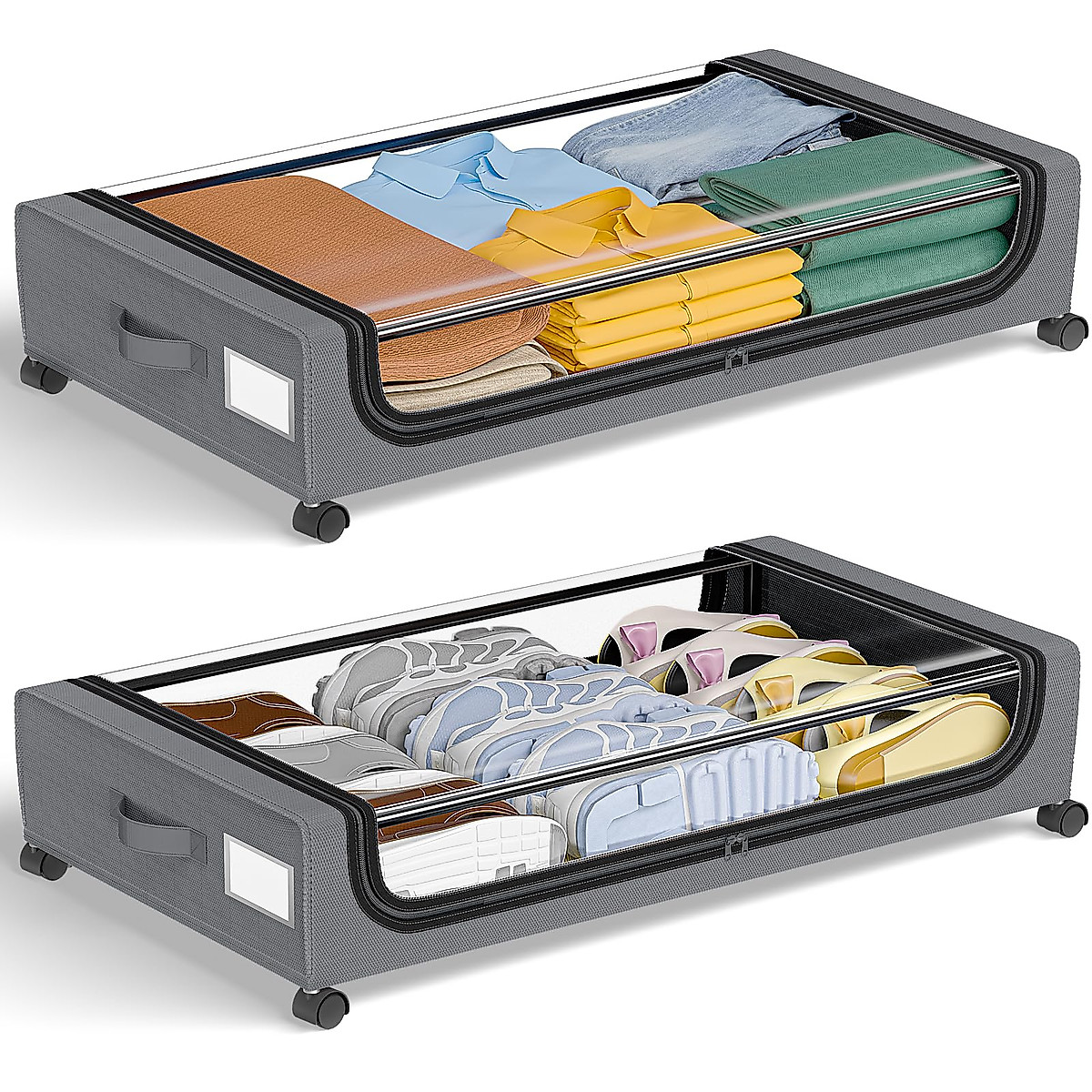 GoMaihe Under Bed Storage with Wheels: XXL 48L Underbed Storage Containers with Lids - Rolling Drawers for Shoes Clothes in Dorm Bedroom - Space-Saving Easy Pull-out Grey 2-Pack