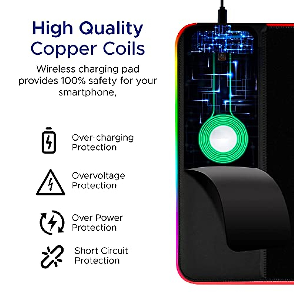 Juicy Chargers Extra Long RGB Non-Slip Wireless Charging mat with 10 Backlight Colors, Wireless Charger Mouse pad Supports Qi Mobile Devices for Home, Office and Gaming, Desk 12 x 35.5 inch