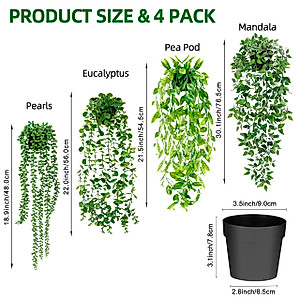 Artificial Hanging Plants for Shelf, 4 Pack Fake Potted Greenery Faux Eucalyptus Vine, Mandala Vine, String of Pearls,Pea pod Leaves in Pot for Office Living Room Bathroom Indoor Outdoor Décor