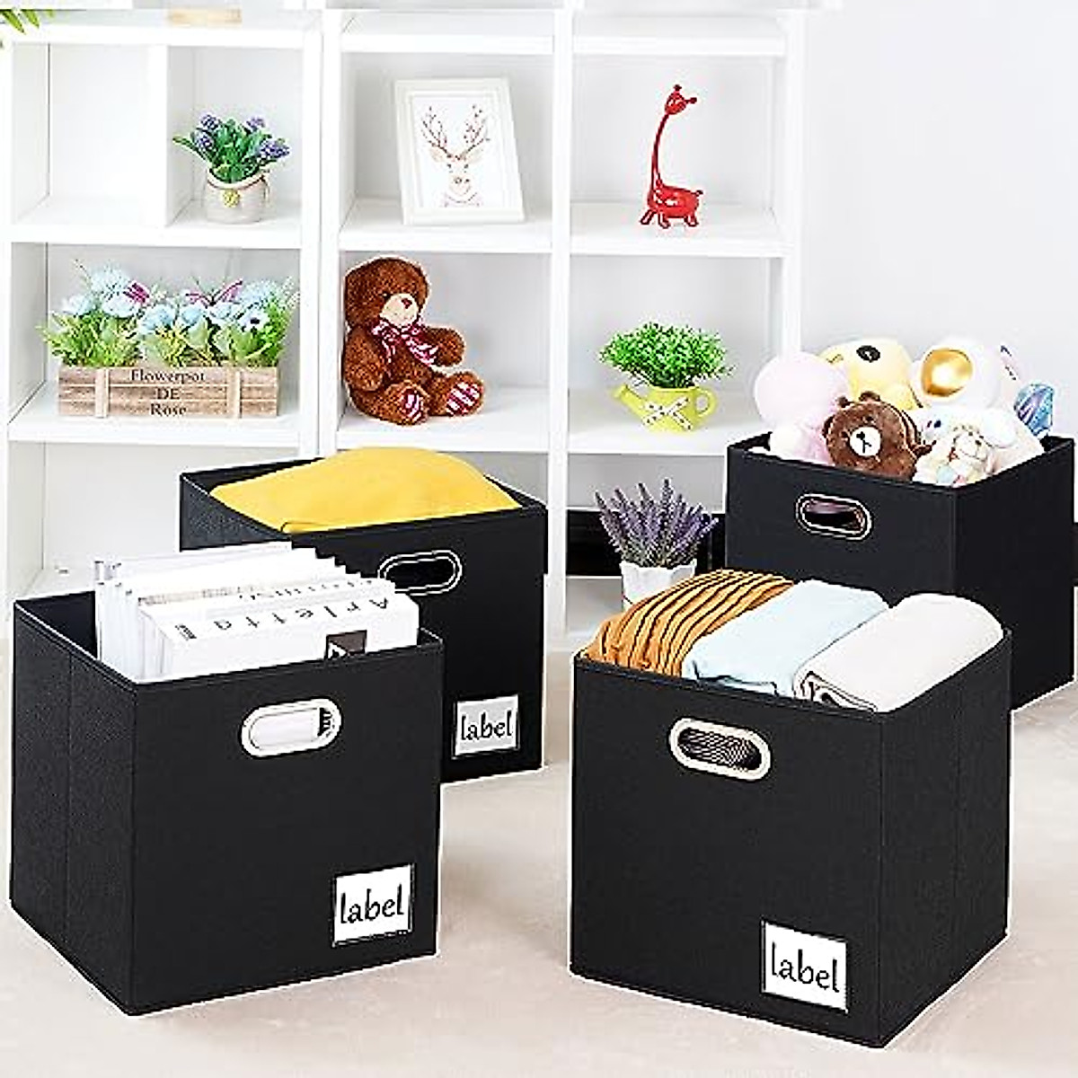 RVSNQ 13x13x13 Storage Cube Bins (Set of 4), Fabric Cubes Storage Bin with Metal Handles and Label, Collapsible Cube Storage Organizer Bins for Home, Office, Closet, Shelves, Nursery（Black）
