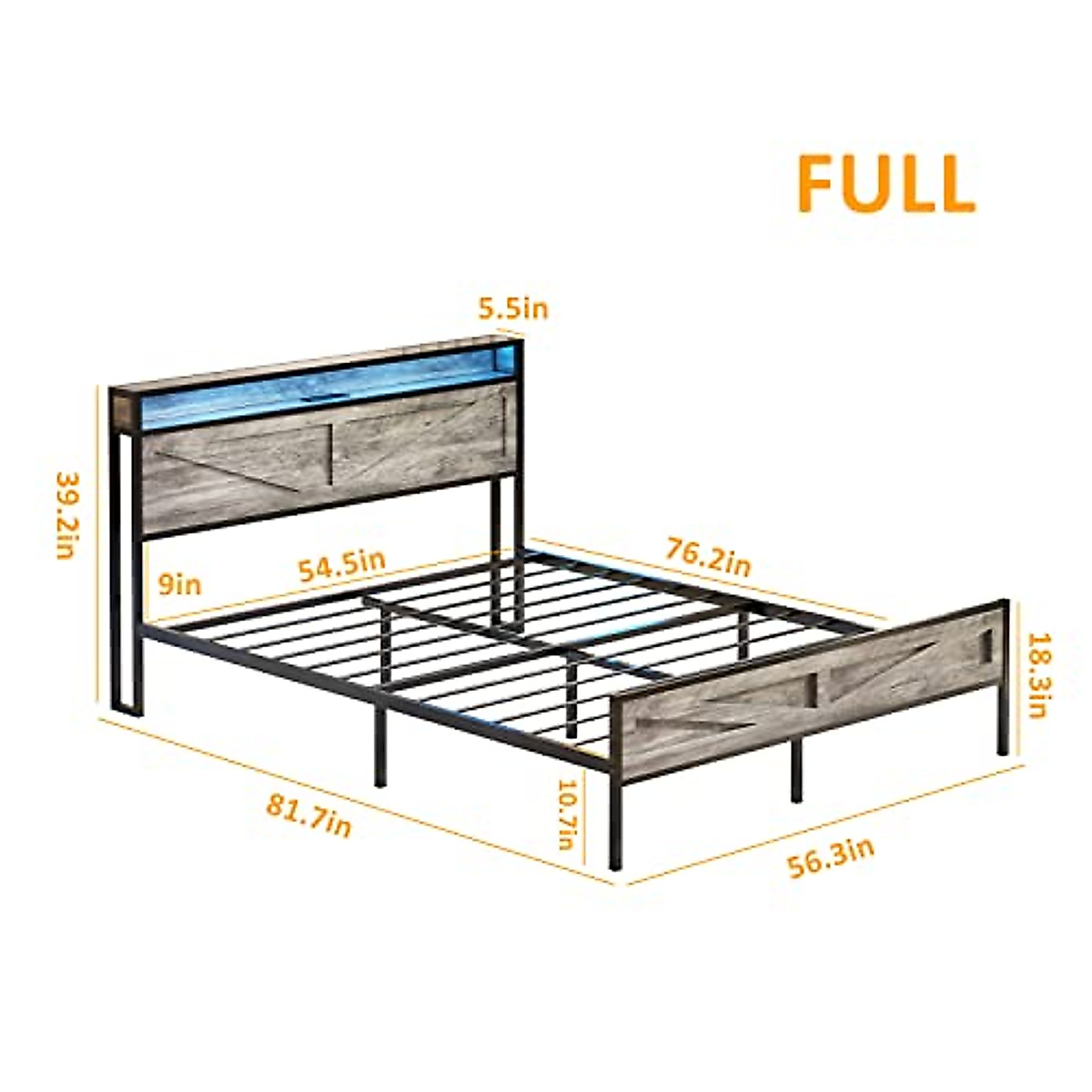 Halitaa LED Full Size Bed Frame with Charging Station, Platform Metal Bed Frame with Headboard Storage & USB Ports Outlets, Farmhouse Bed Frame with Lights for Bedroom, Noise Free, Wash Grey (Full)