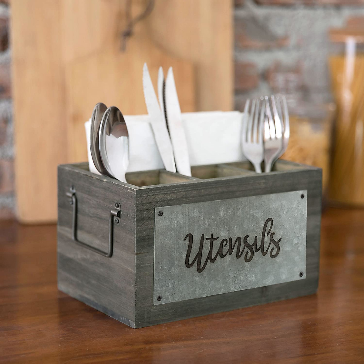 MyGift 4 Compartments Vintage Gray Wood Flatware Organizer and Napkin Holder Caddy with Rustic Metal Handles and UTENSILS Design Galvanized Panel for Kitchen Counter, Dining Room Table, Buffet Server