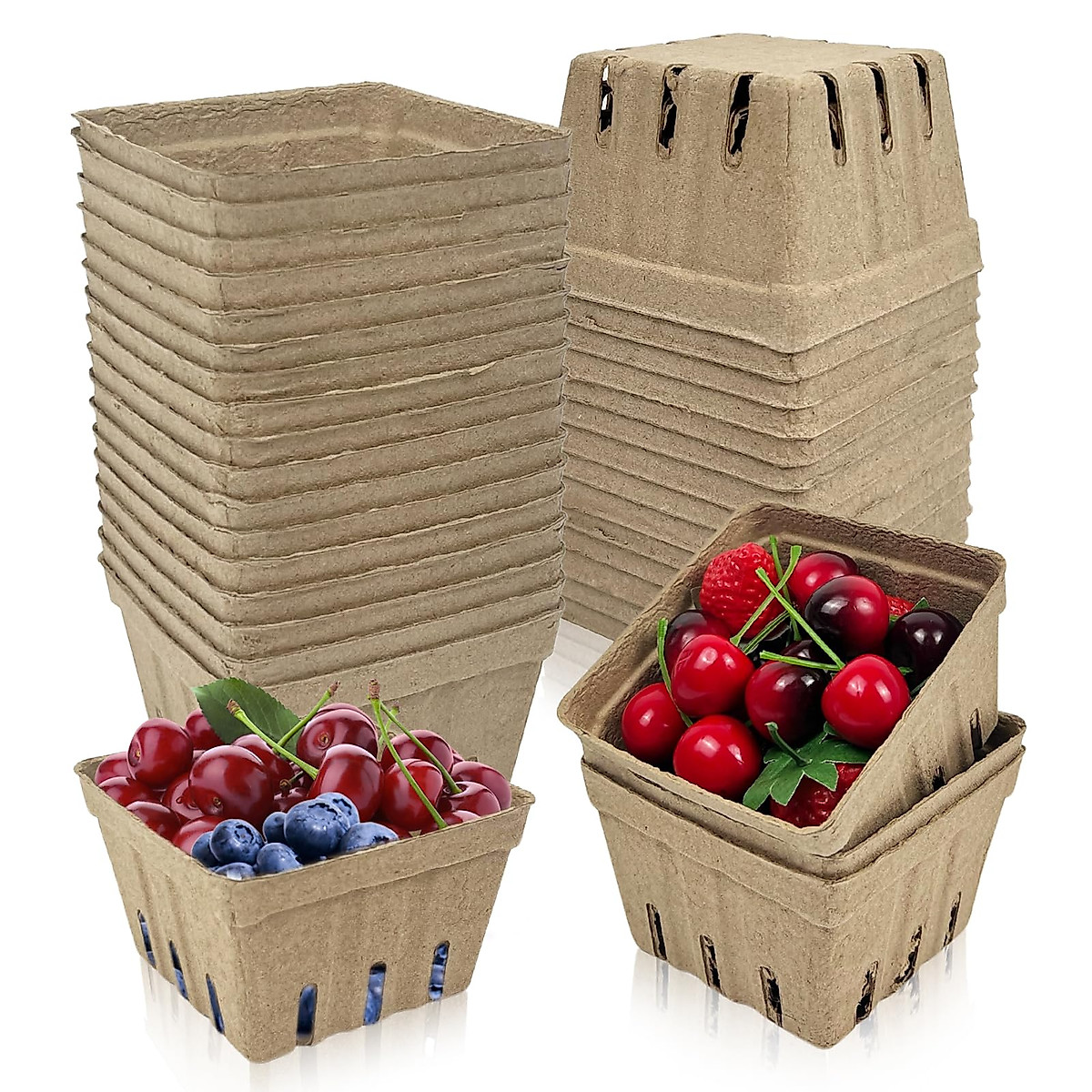 Rainmae 30 Pack Natural Pulp Fiber Berry Basket, Molded Berry Basket Produce Vented Container for Strawberry Blueberry Raspberry and Vegetable, Farmer Market, Grocery Stores, Backyard Party