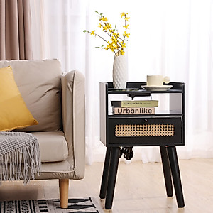 EOYUTLLY Nightstand with Charging Station Side Table with Rattan Drawer Storage, Bedside Table with USB Ports Modern Wooden End Table for Living Room, Bedroom and Small Space, Black