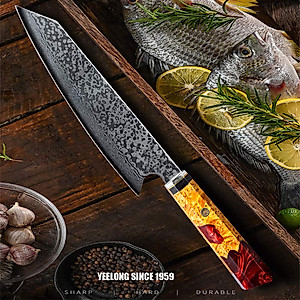 I.B.O Damascus steel kitchen knife 8 inch Japanese chef kitchen knife stabilized wood resin cured wood octagonal handle