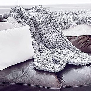 FACEBOX Chunky Knit Blanket 50"x60", Soft Cozy Chenille Throw Blanket, Large Cable Knit Throw Blanket for Bed, Sofa, Home Decor, Gift (Gray, 4.85 lbs)