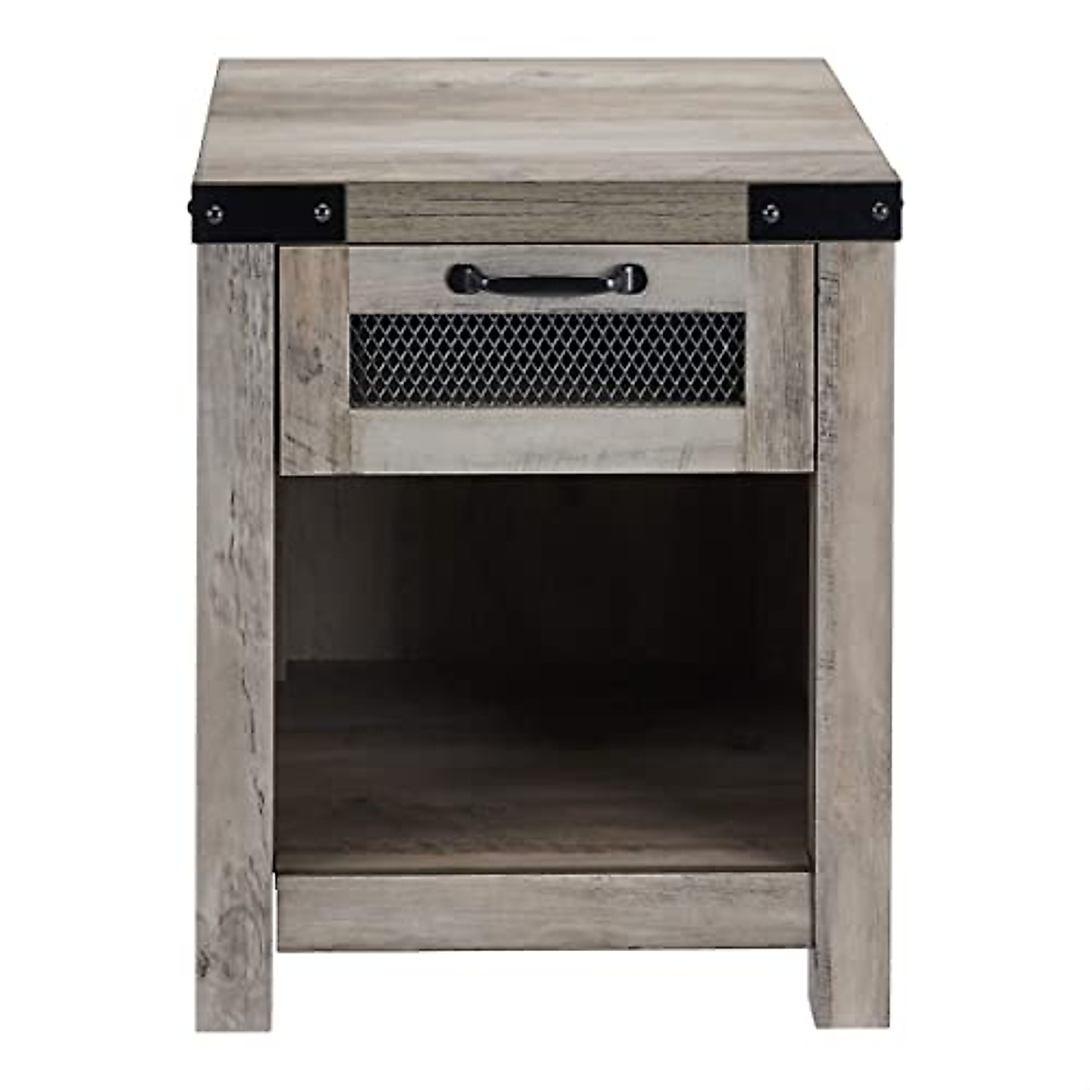 ROCKPOINT End Table with Industrial Style Drawer, Grey Wash